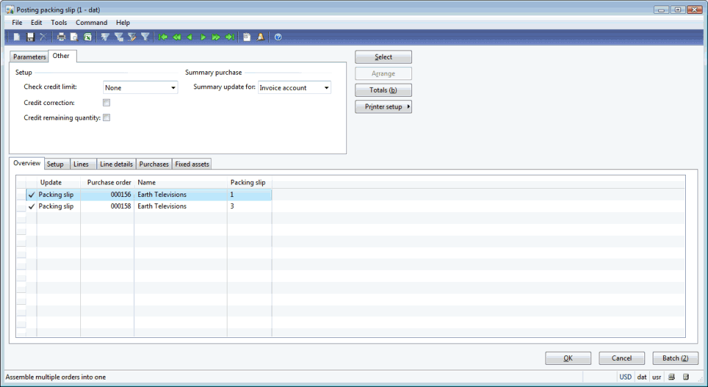 Posting packing slip form, Other tab | Dynamics AX Training